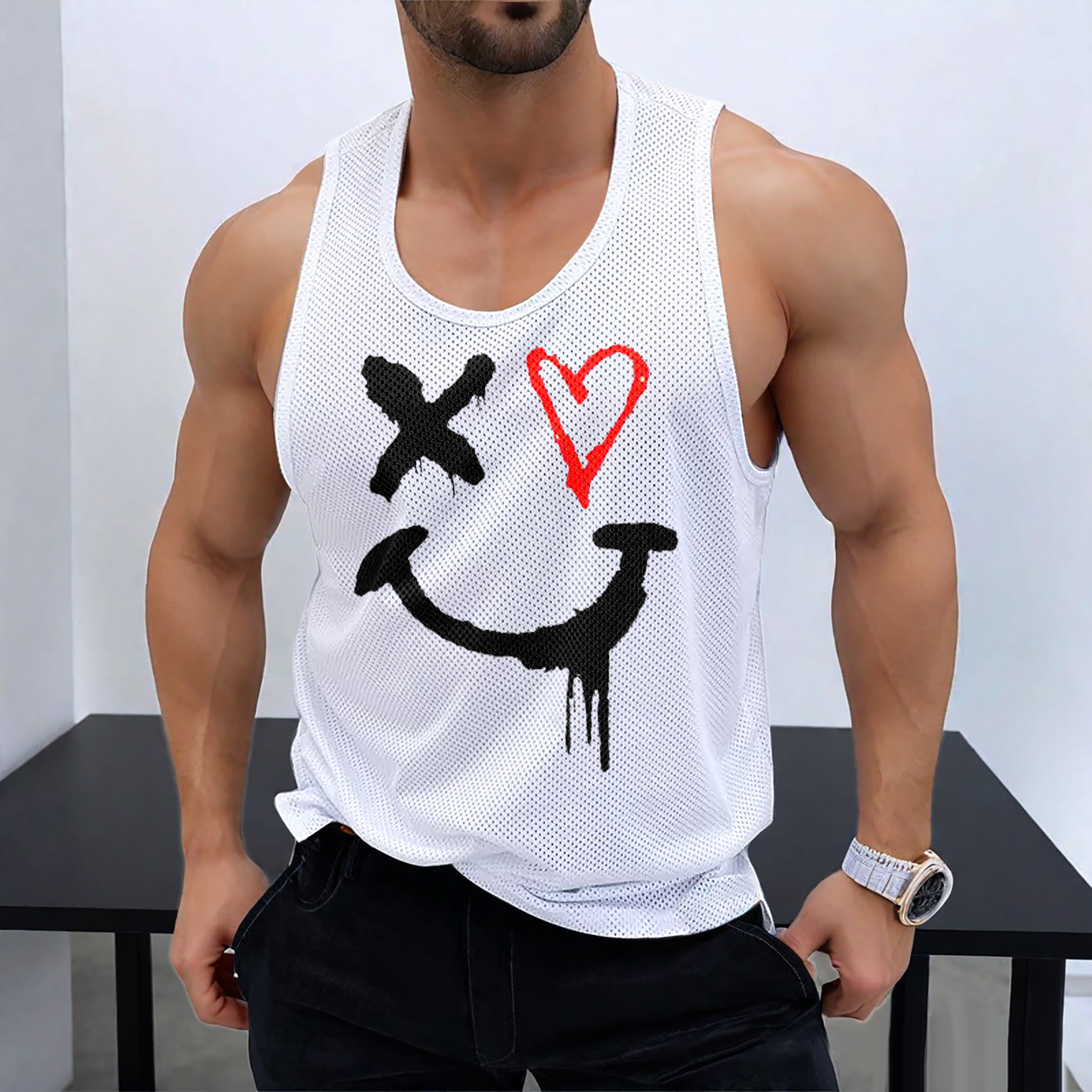 Street Casual Men's Smiley Face Printed Mesh Vest Fitness Quick Dry Vest Home Comfort Vest