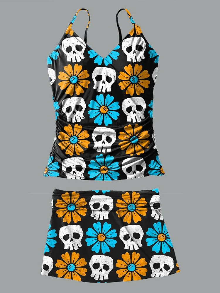 V-Neck Retro Skull Daisy Art Print Suspender Skirt Tankini Pantskirt ...