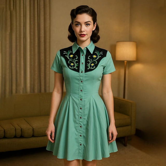 Retro Vintage 1950s Mini A Line Dress Shirt Dress Cowgirl Button Down ...
