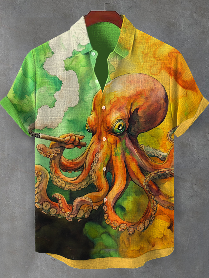 Men's An Octopus Smoking A Cigarette Watercolor Art Print Shirt