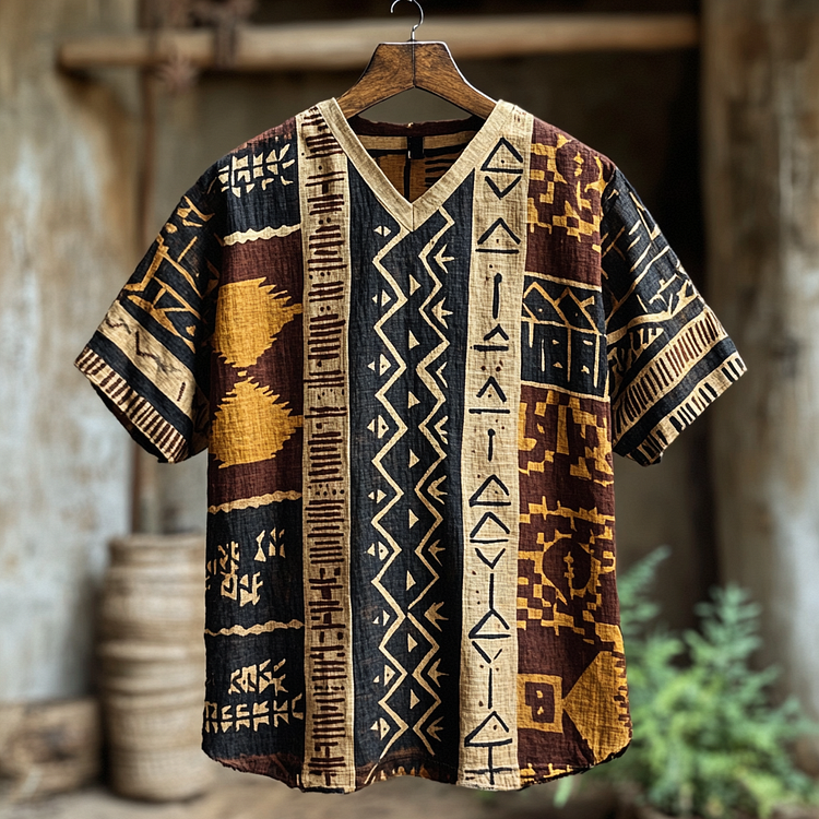 Men's Africa Mudcloth Art Print Linen T-shirt