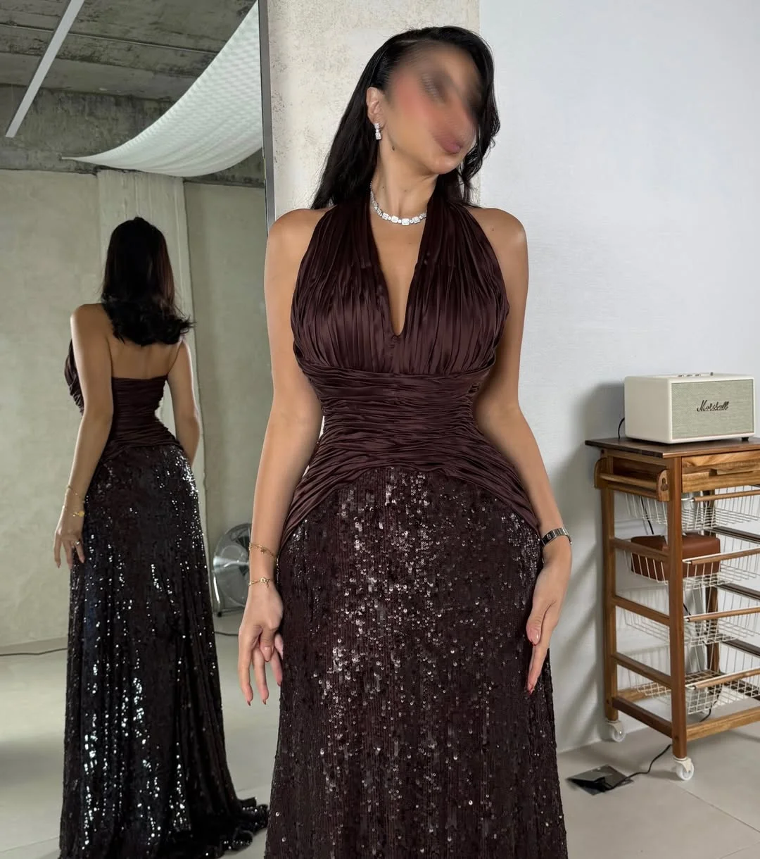Vintage Chocolate Halter Pleated Sleeveless Sequins Prom Dress YK0637