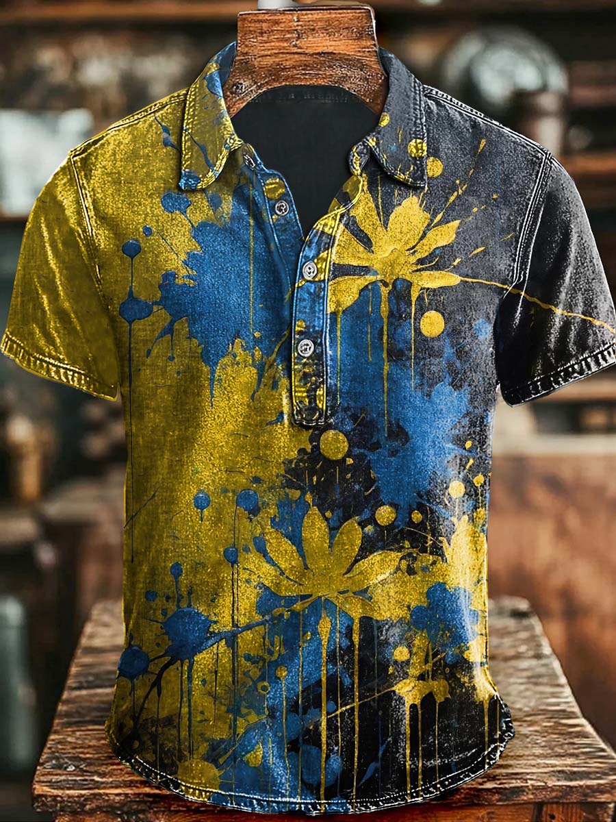 Art Abstract Gradient Floral Print Casual Polo Shirt