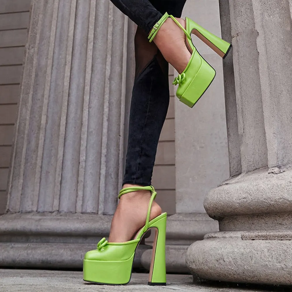 Green Square Toe Chunky Heel Ankle Strap Slingbacks with Platform