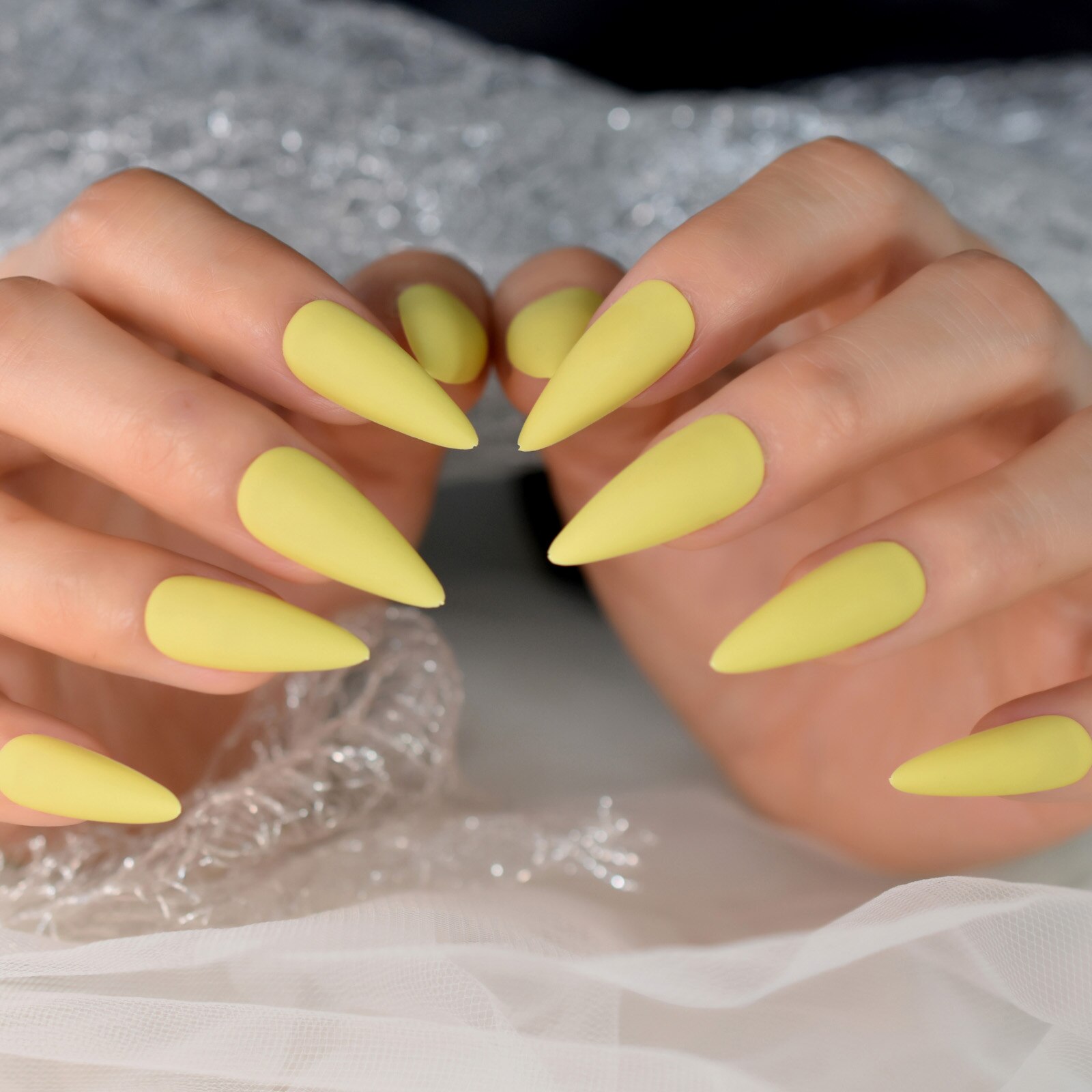 Churchf Dark Yellow Color Fingernails Press On Stiletto Sharp Shape ...