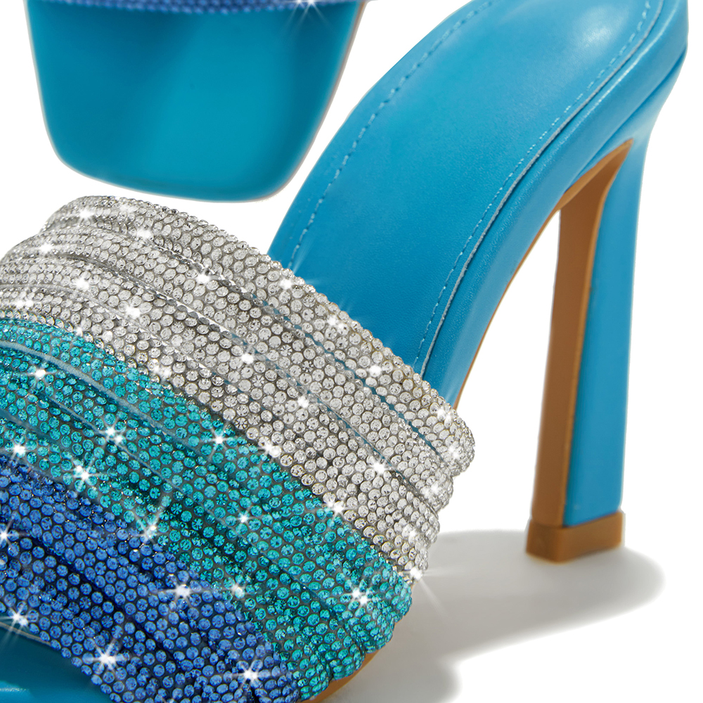 Blue Opened Square Toe Rhinestone Strappy Mules With Stiletto Heels