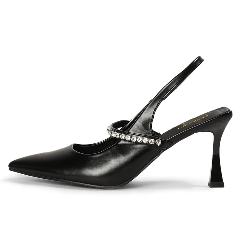 Black Pointed Toe Spool Heel Slingback Pumps with Rhinestone Strap