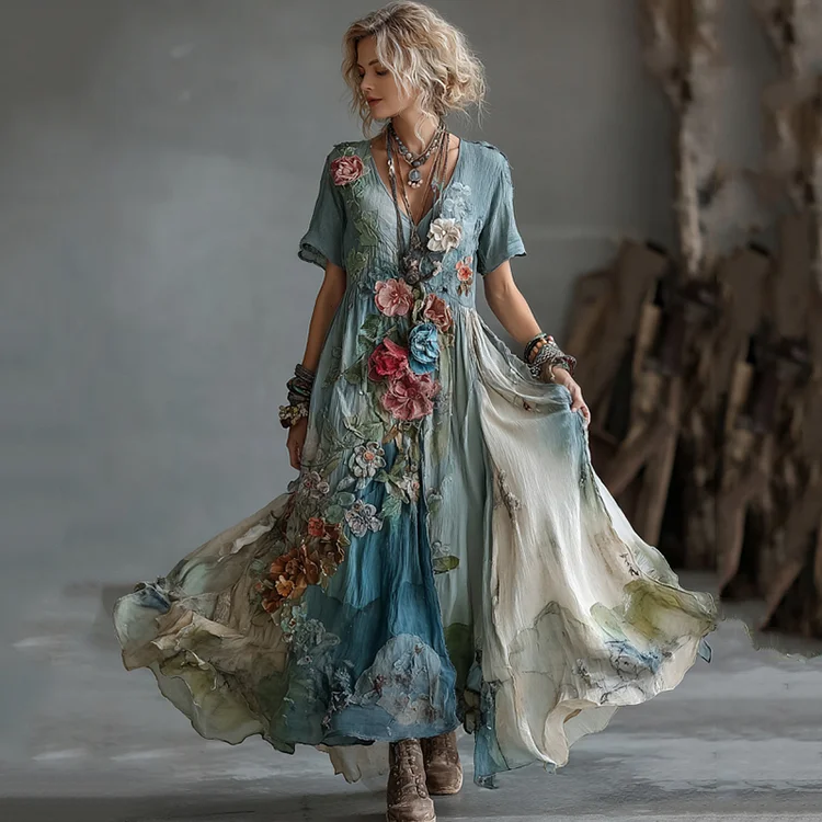 Vintage Gradient Japanese Blossoms Embroidered Cotton And Linen Maxi Dress