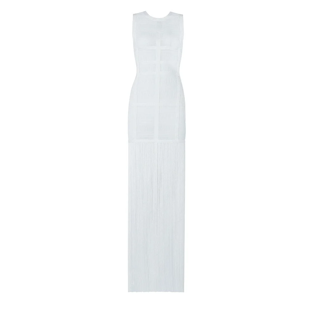 High Quality White Sleeveless Tassel Hollow Out Bodycon Rayon Bandage