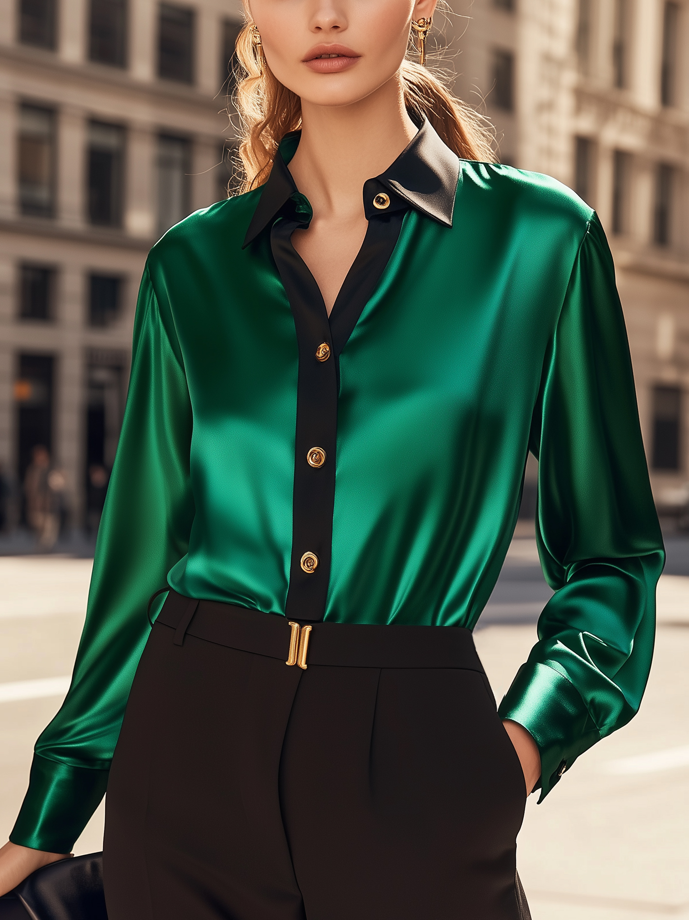 Classic Elegant Colorblock Satin Blouse