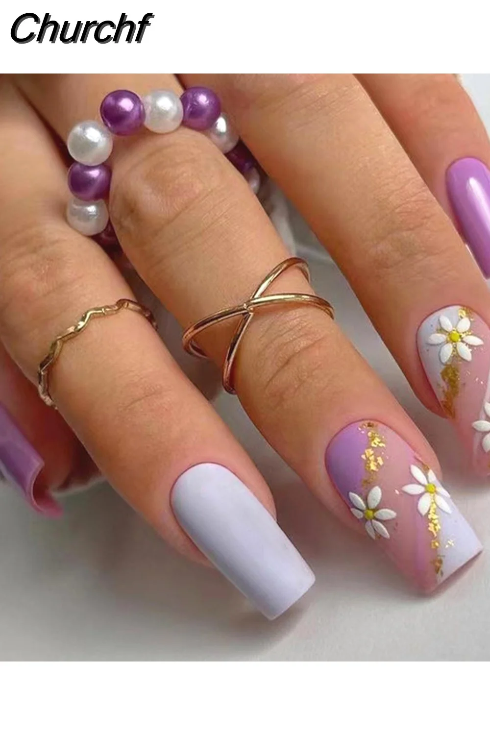 Churchf New Square False Nails French Fake Nails With Flower Pattern ...