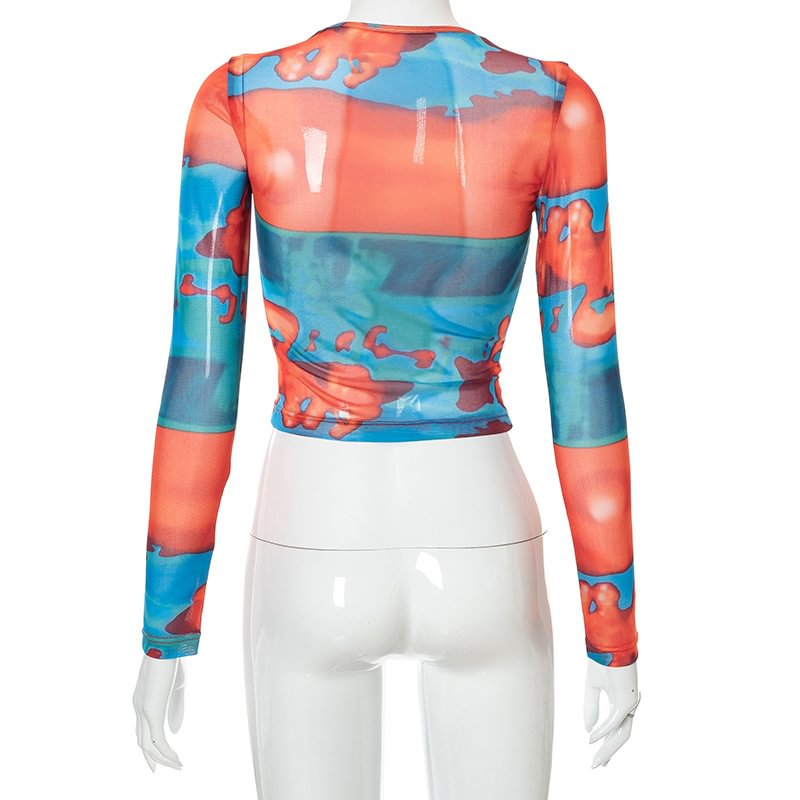MULTICOLOR PRINT MESH LONG SLEEVE TOP