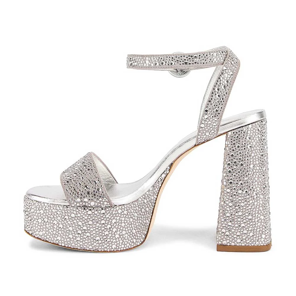 Silver Metallic Touch Rhinestone Embellished Platform Party Sandals
