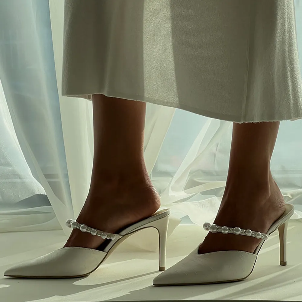 White Suede Closed Pointed Toe Mules With White Pearl Decorated Strappy ...