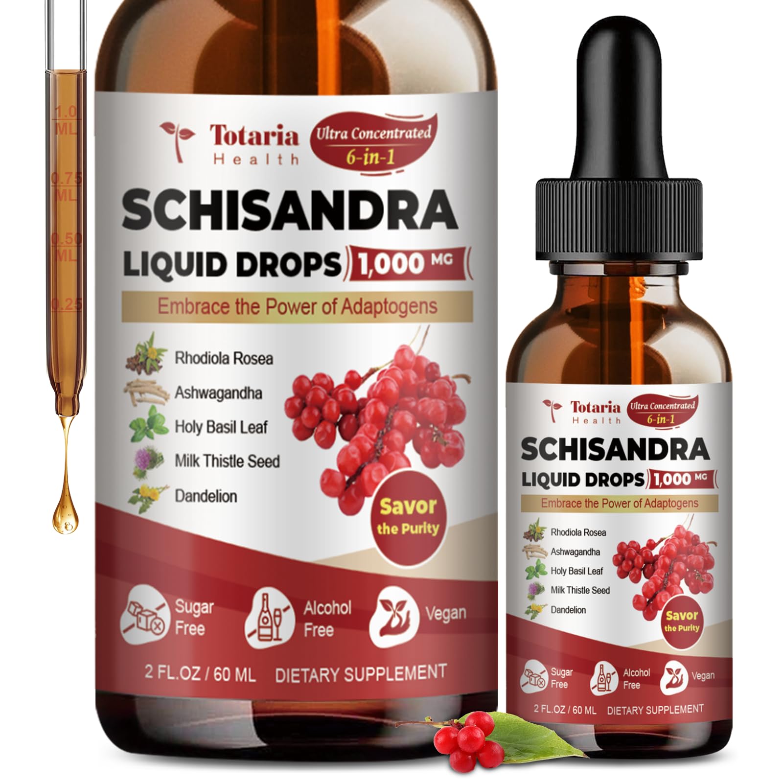 Schisandra Supplement 6-in-1 Schisandra Berry Drops with Rhodiola Rosea, Ashwagandha, Holy Basil ...