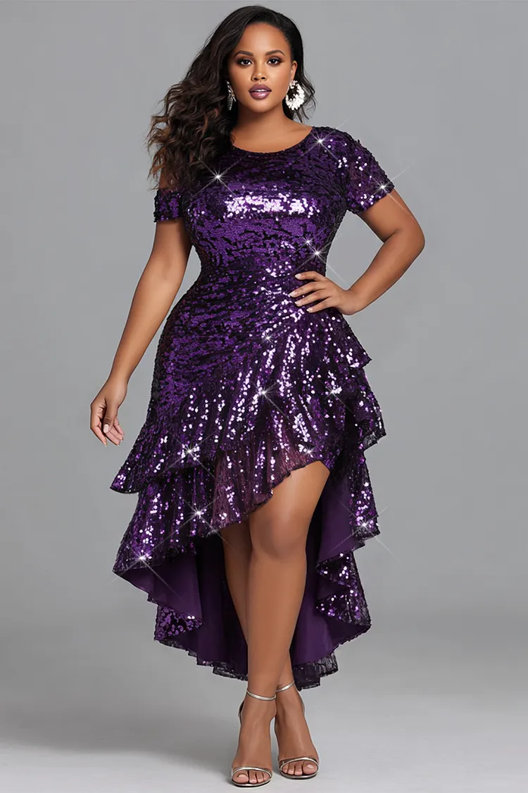 Xpluswear Design Plus Size Cocktail Party Purple Round Neck Short ...
