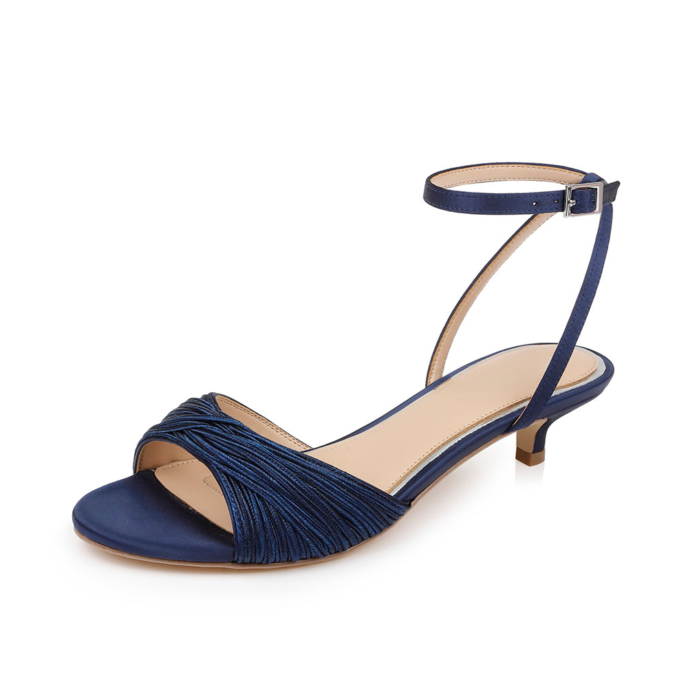 Navy Open Round Toe Mini Braided Kitten Heel Ankle Strap Sandals