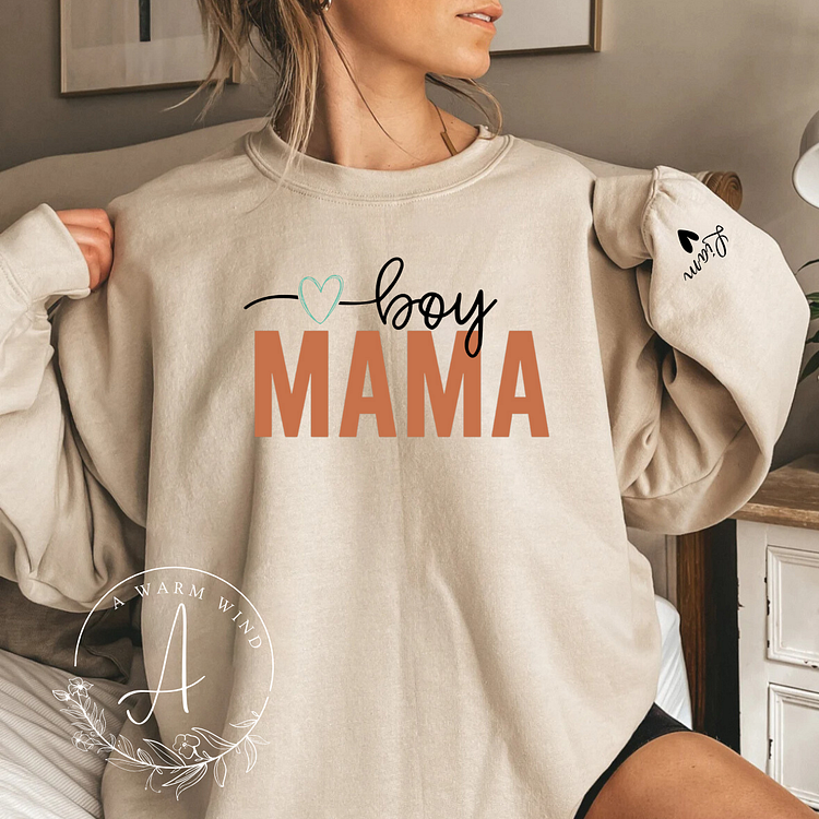 This Boy Mama Wears Her Heart On Her Sleeve Custom Boy Mama Sweatshirt with Name Design