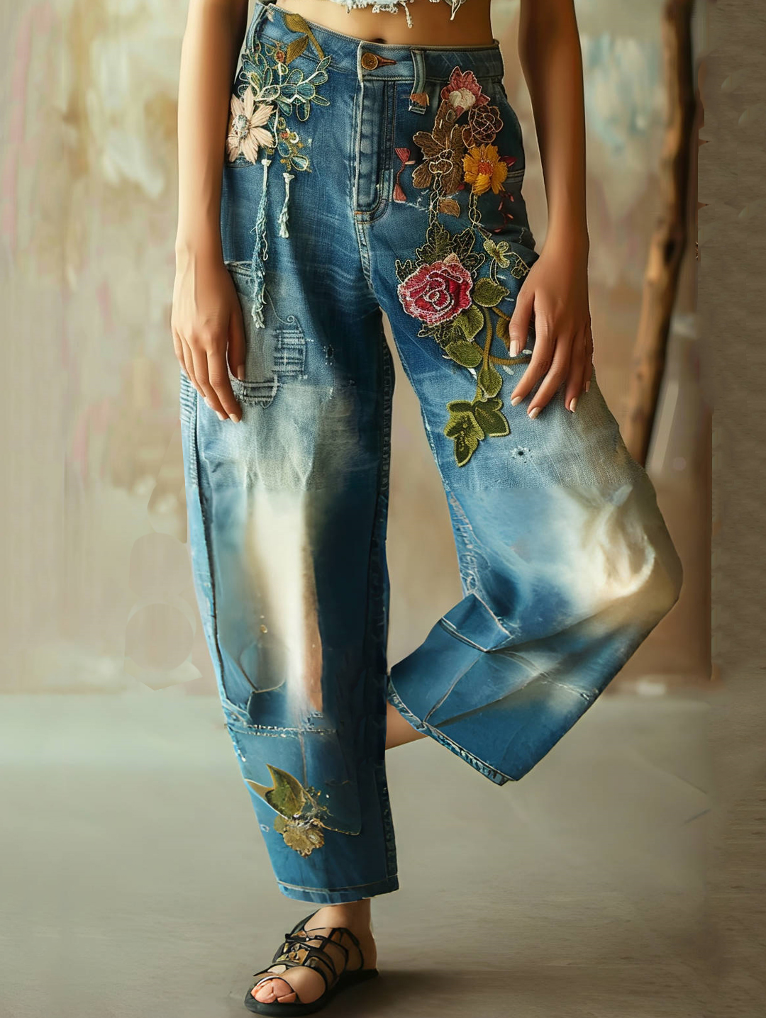 Ursime Floral Plant Pattern Denim Straight Leg Jeans