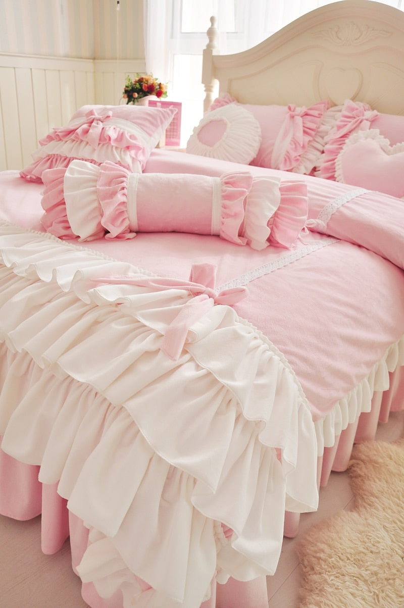 Pink Purple Blue Korean Princess Girl Fleece Fabric Bedding Set White ...
