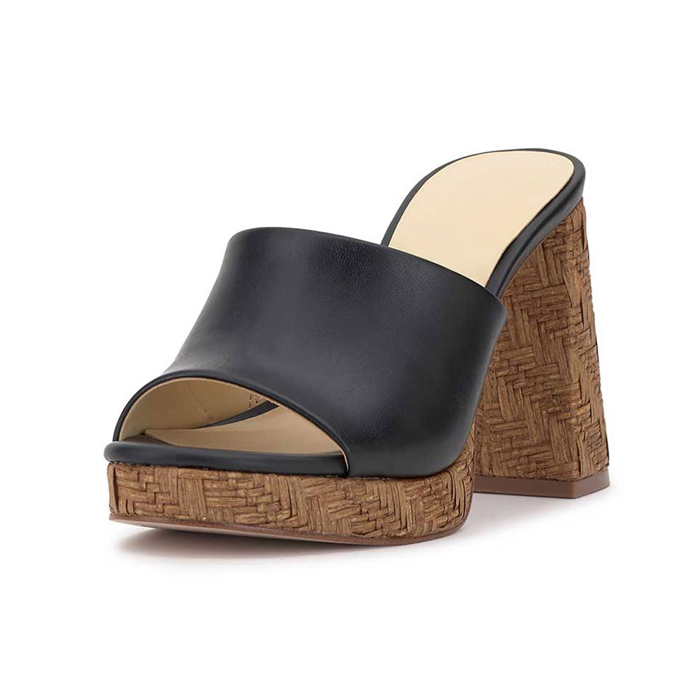 Women's Open Round Toe Woven Block Heel Black Platform Sandals