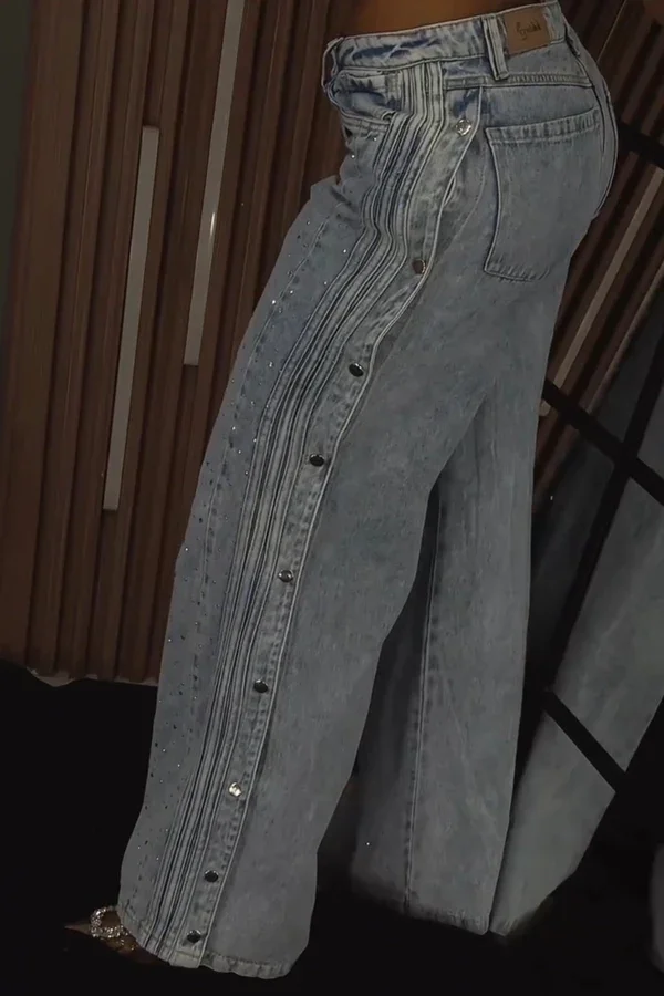 SCACTO High-Waisted Rhinestone Embellished Side Button Jeans 49.99