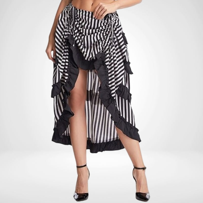 Frilly Steampunk Contrast Color Striped Drawstring Folds Skirt