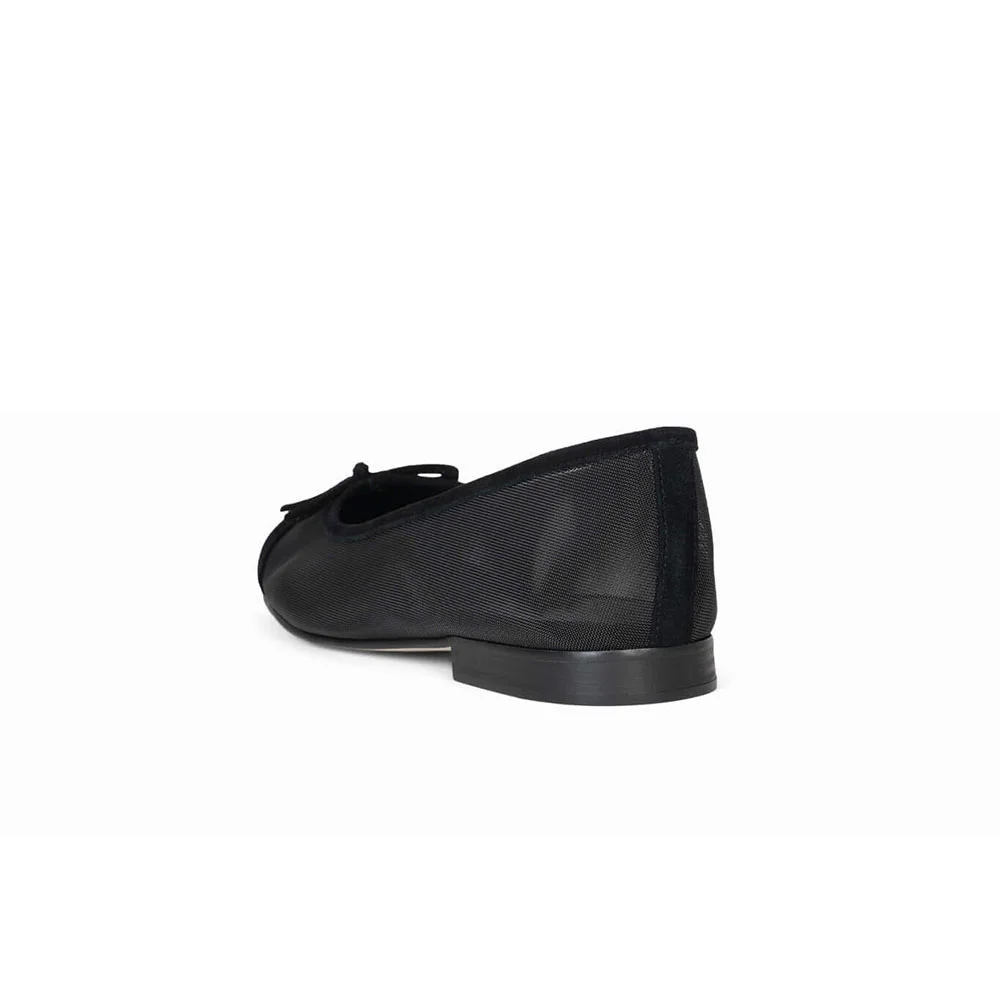 Black Faux Suede Mesh Round Toe Bow Inlay Ballet Flats