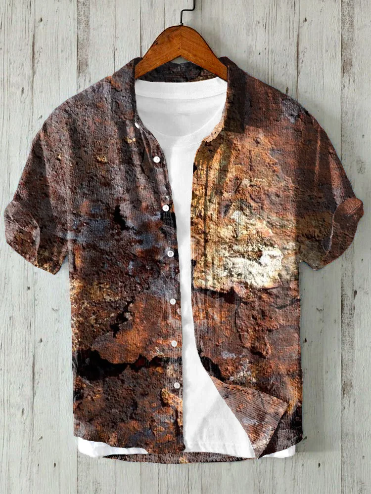 Men's Distressed Rust Pattern Linen Blend Shirt