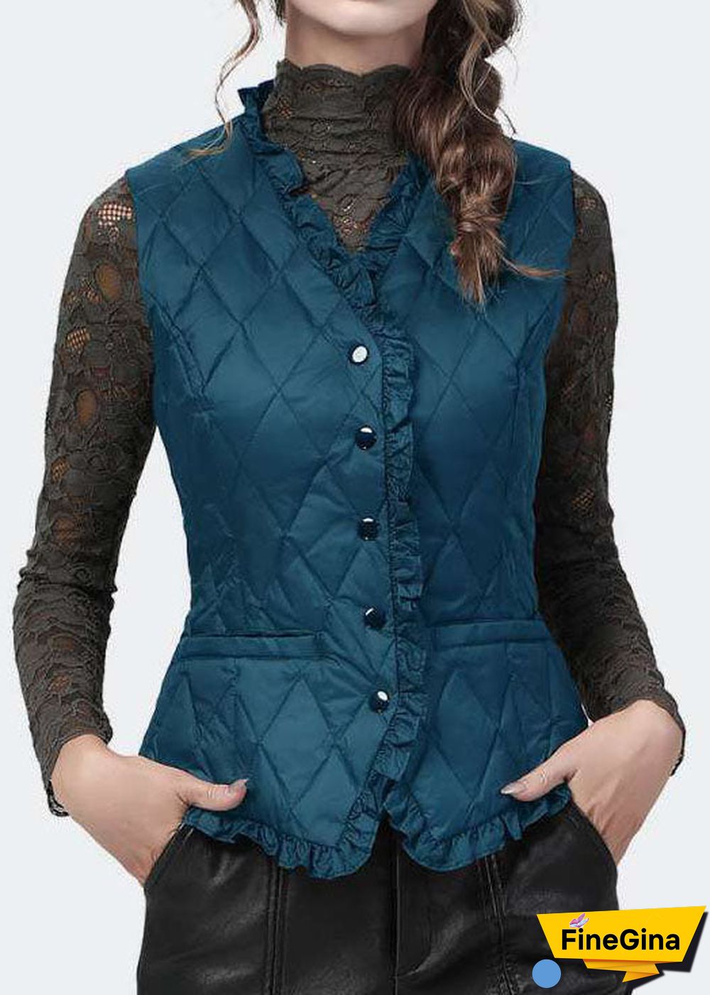 FineGina Vintage black button Ruffled V Neck Fine Cotton Filled vest Spring