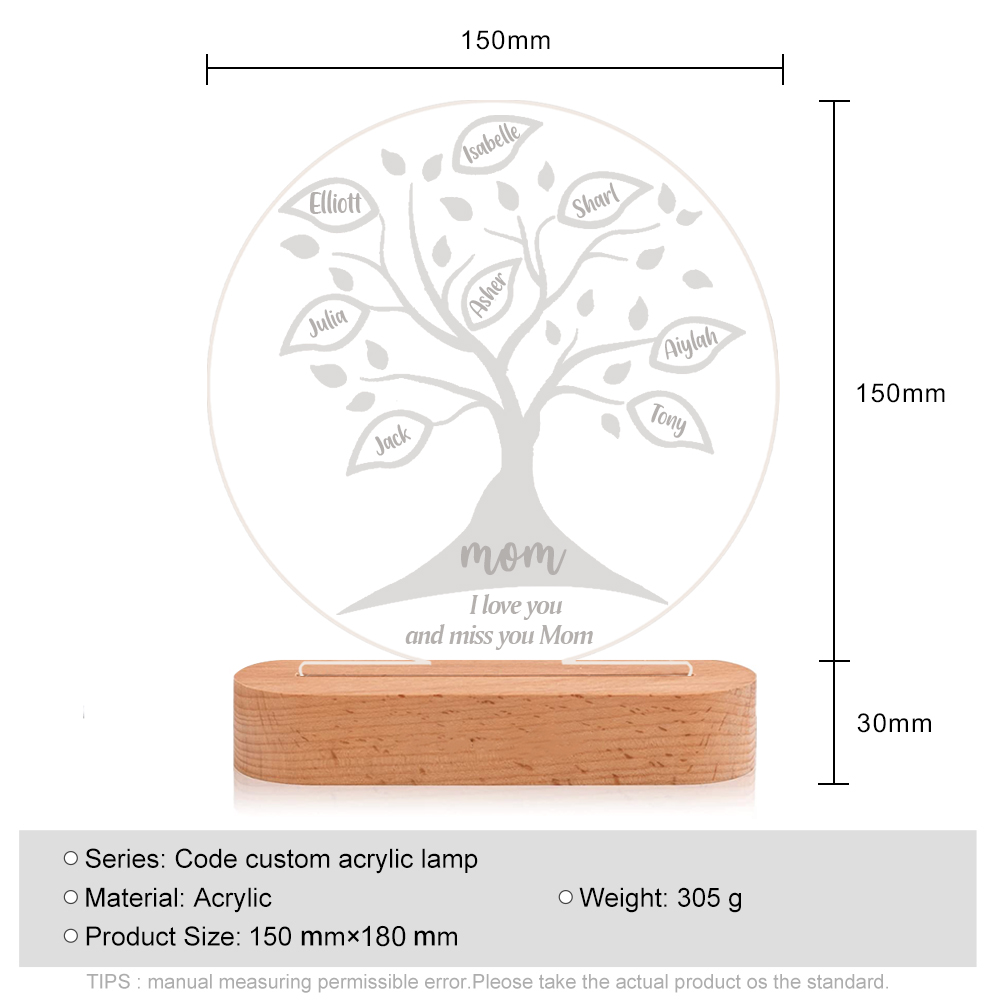 Personalized Family Tree Night Light Engraved 8 Names Wooden LED Lamp