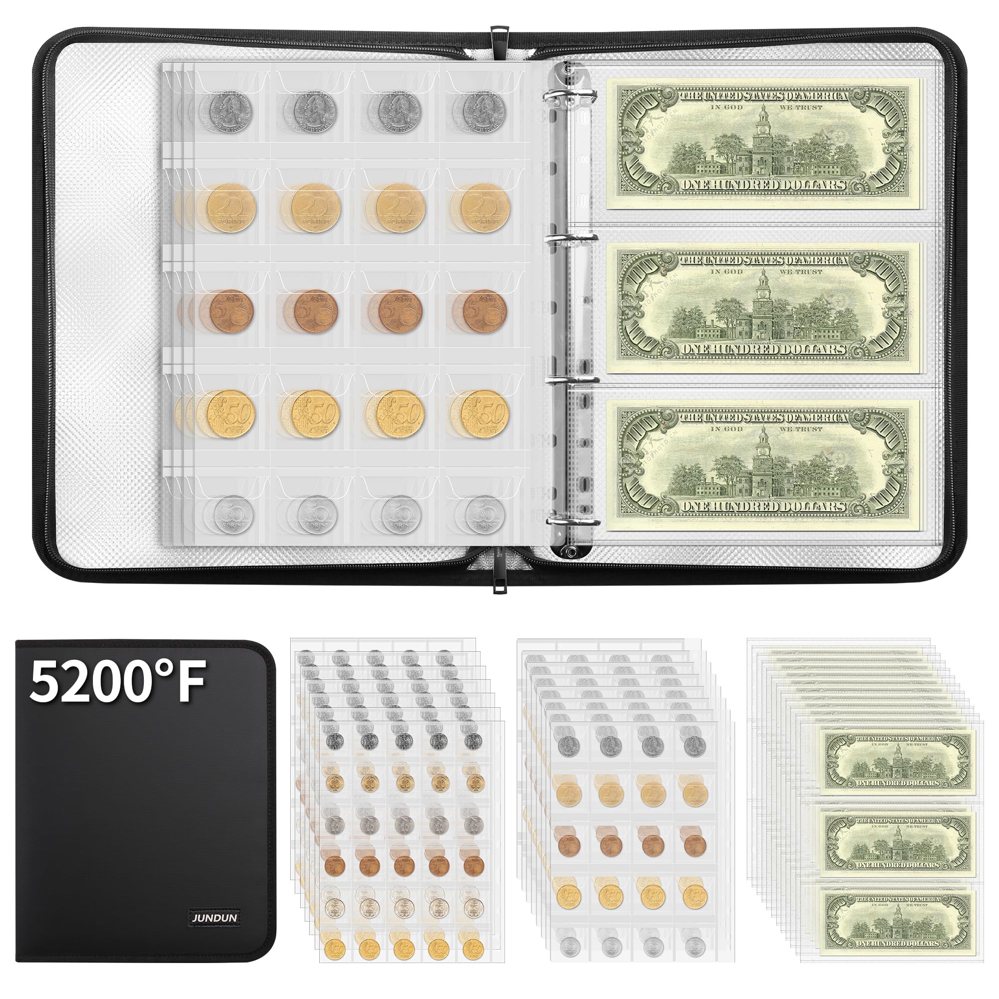 JUNDUN 5200℉ Coin Collection Book , 300 Pockets Fireproof Coin Albums ...