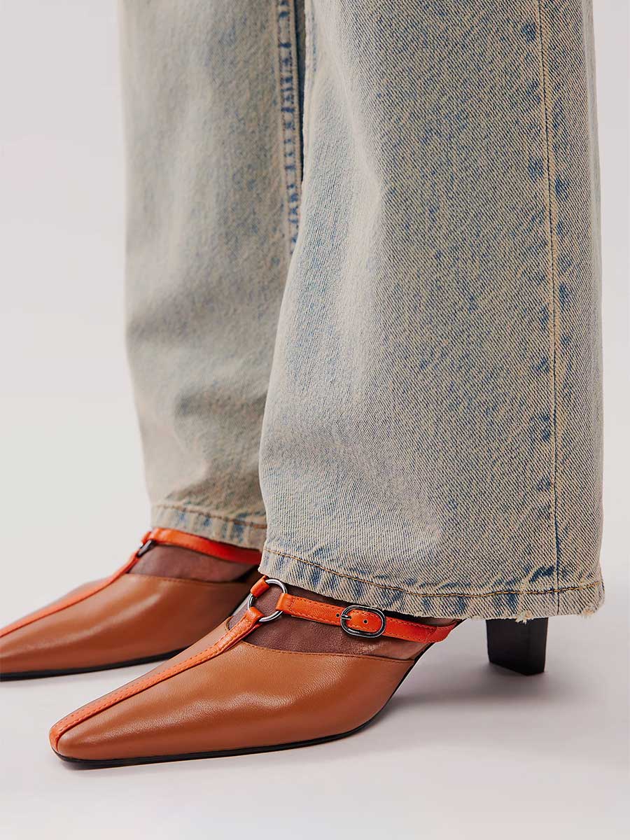 Orange Vegan Leather Snip Toe Backless Pumps with Elegant Heel