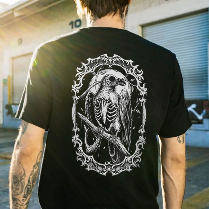 Skeleton Crow Black Print T-Shirt