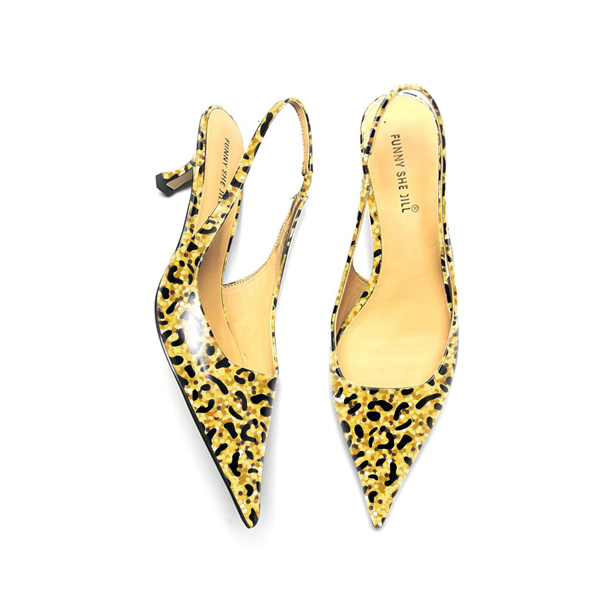 Golden Leopard Print Patent Leather Pointed Toe Elegant Kitten Heel ...