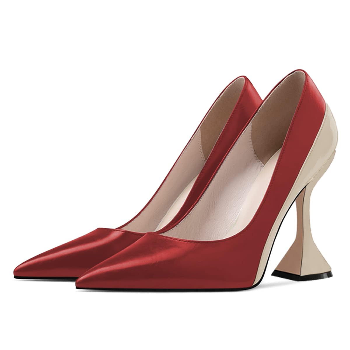 Red & Ivory Vegan Leather Pointed Flared Heel Pumps for Elegant Women