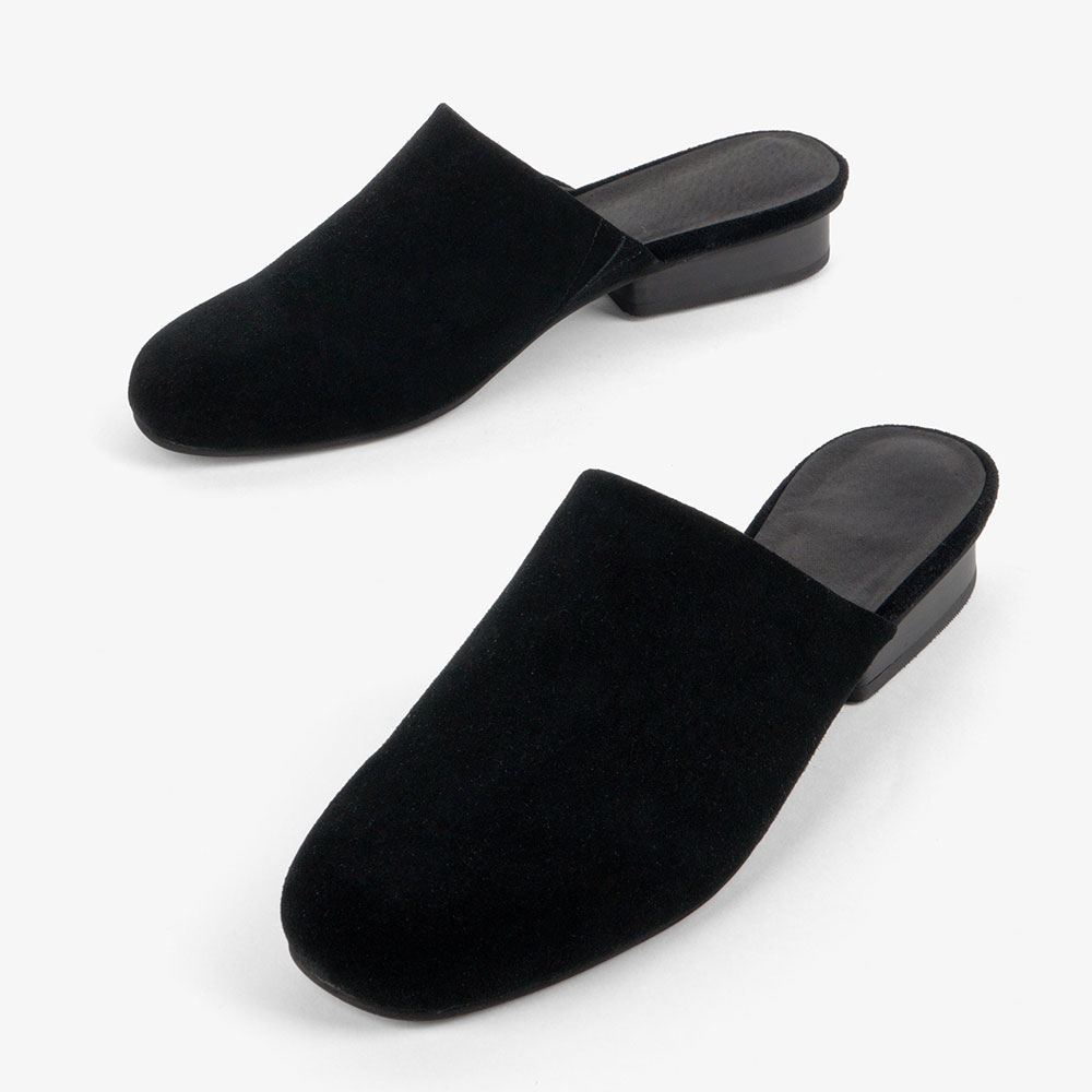 Black Vegan Suede Round Toe Chunky Heel Classic Mules for Women