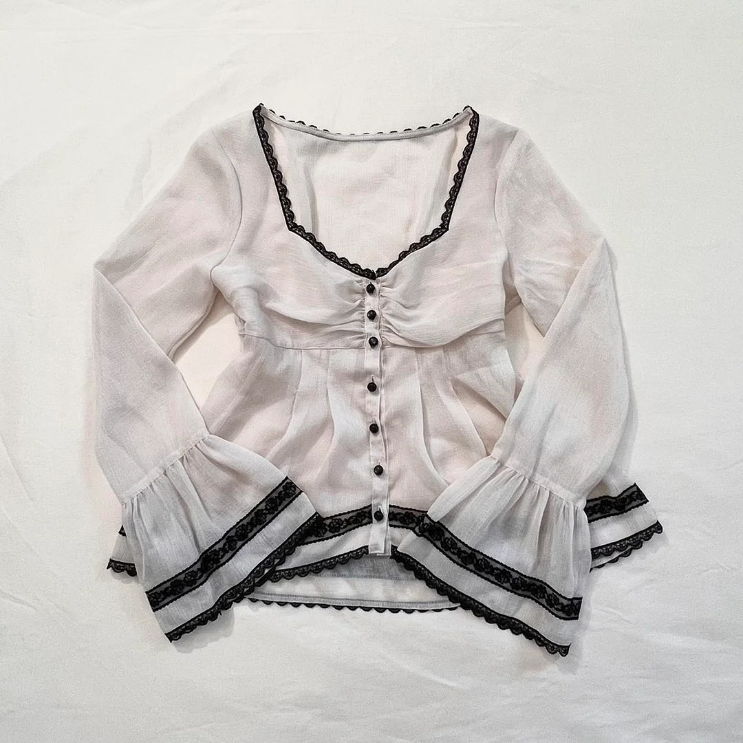 brownm y2k Mesh Sheer Crop Tops Fairycore Flared Sleeves Button Down T ...