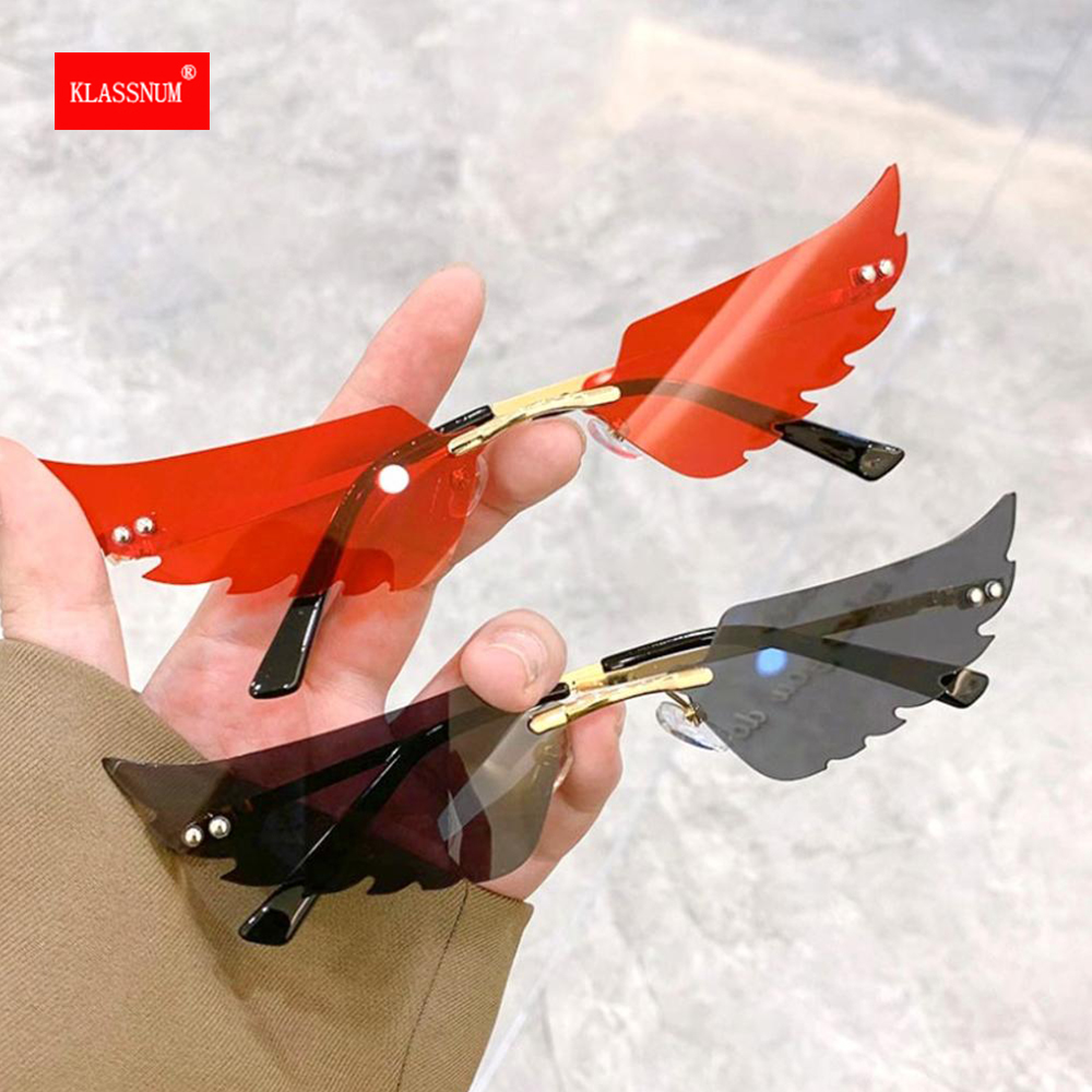 KLASSNUM Rimless Sunglasses Women Angel Wings Shape Punk Sun Glasses ...