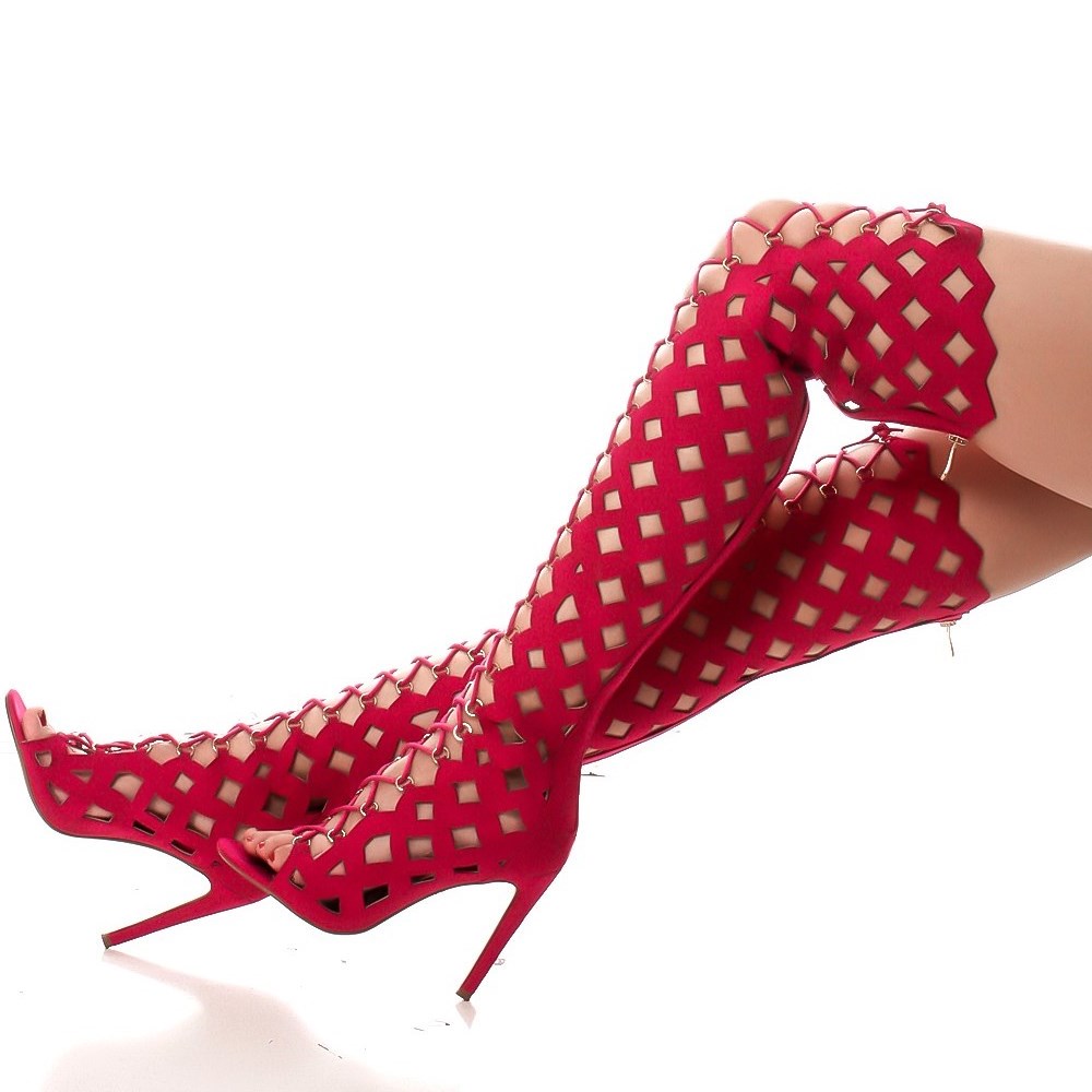 Red Cage Thigh-high Long Boots Lace up Sexy Summer Boots Vdcoo