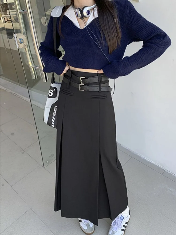 Toloer Vintage Belt Long Skirt Women Autumn 90s Aesthetic Streetwear