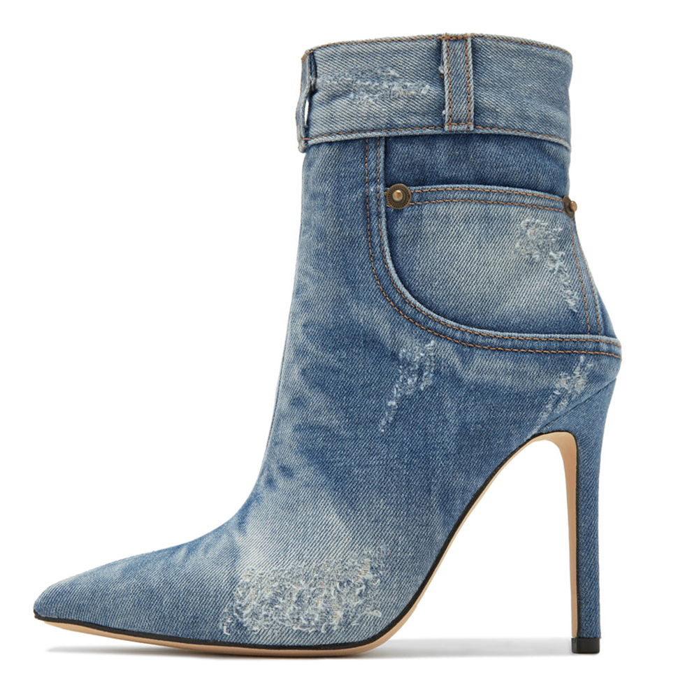 Blue Denim Patchwork Pointed Toe Zip Ankle Boots with Stiletto Heels