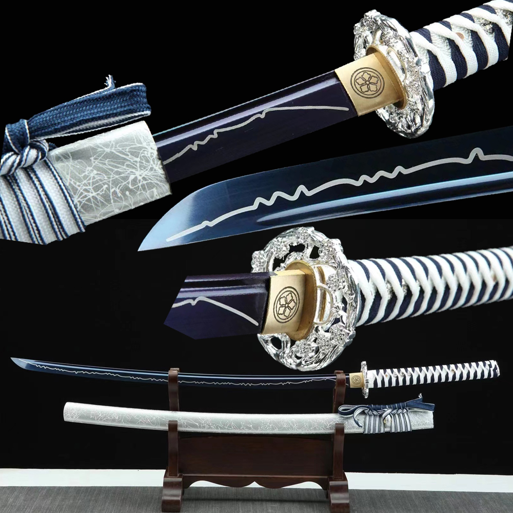 silver Samurai sword,Silver cutout tsuba katana,Baked Blue Blade Japan ...