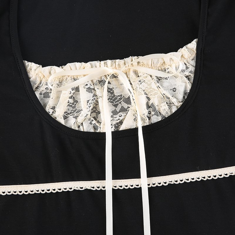 LACE SQUARE NECK TIE SHORT SLEEVE TOP