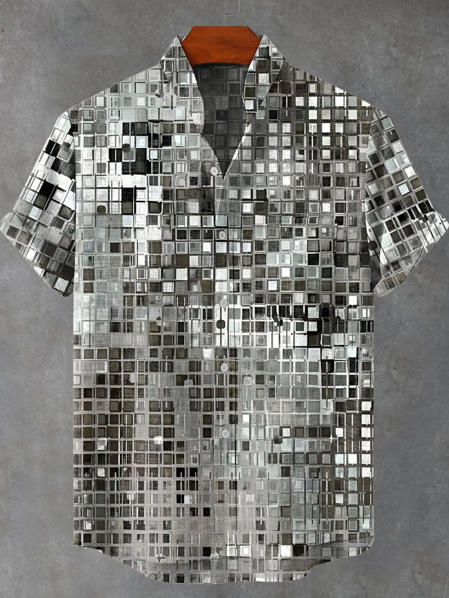 Metallic Silver Square Mosaic Decorative Pattern Casual 100% Cotton Shirt