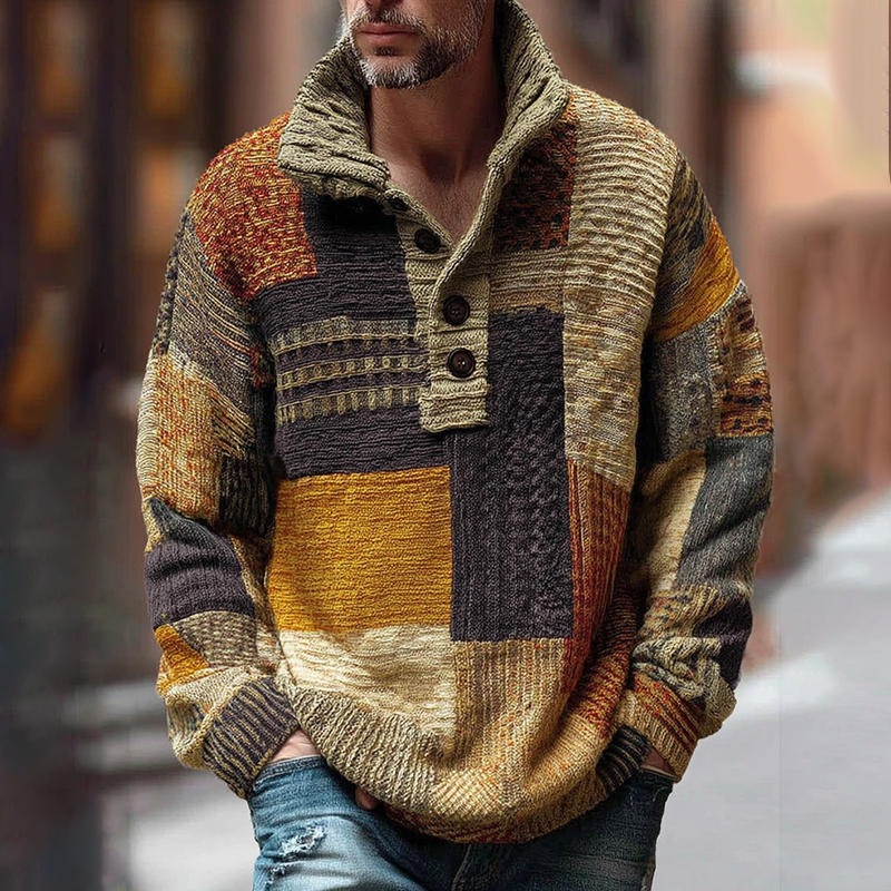 Men's Classic Sunset Style Patchwork Art Jacquard Thick Warm Button ...