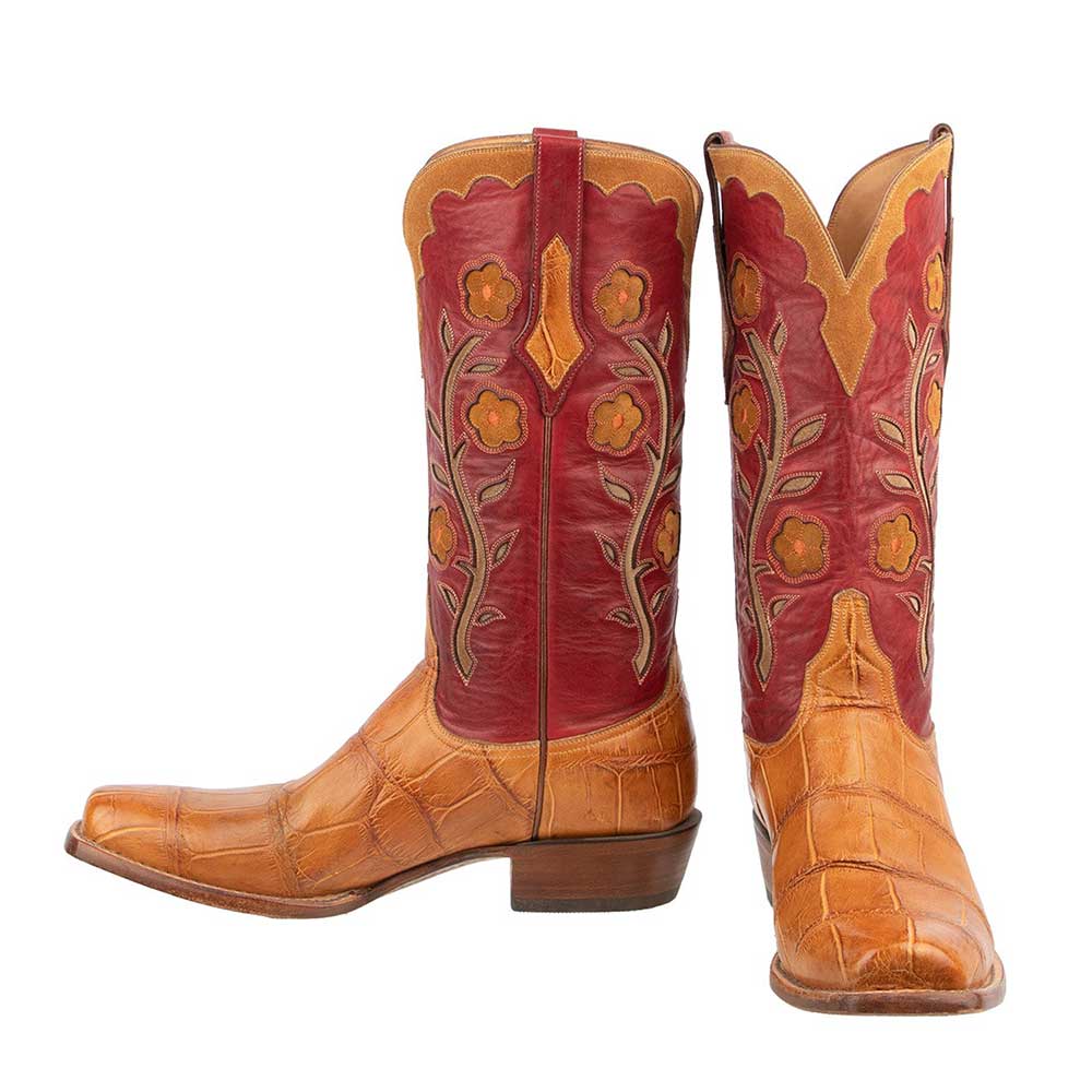 Tan & Red Square Toe Floral Inlay Mid-Calf Western Boots for Women