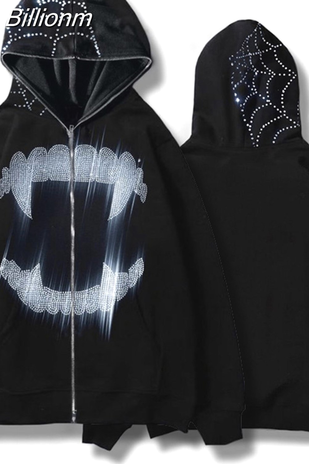 Billionm Rhinestone Cobweb Zip Up Jacket Hoodies Oversized Women Autumn ...