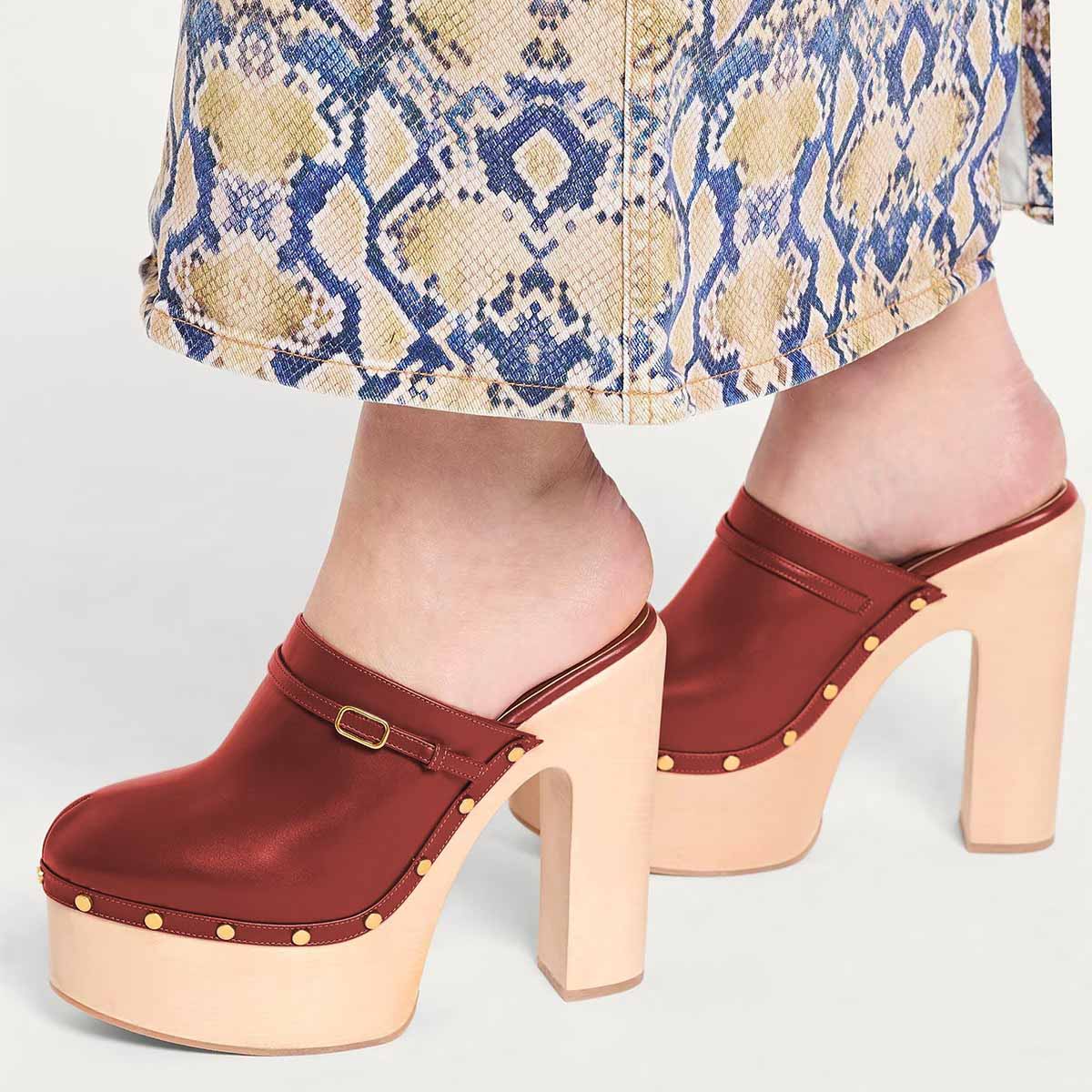 Red Vegan Leather Round Toe Studded High Heel Mules with Platform