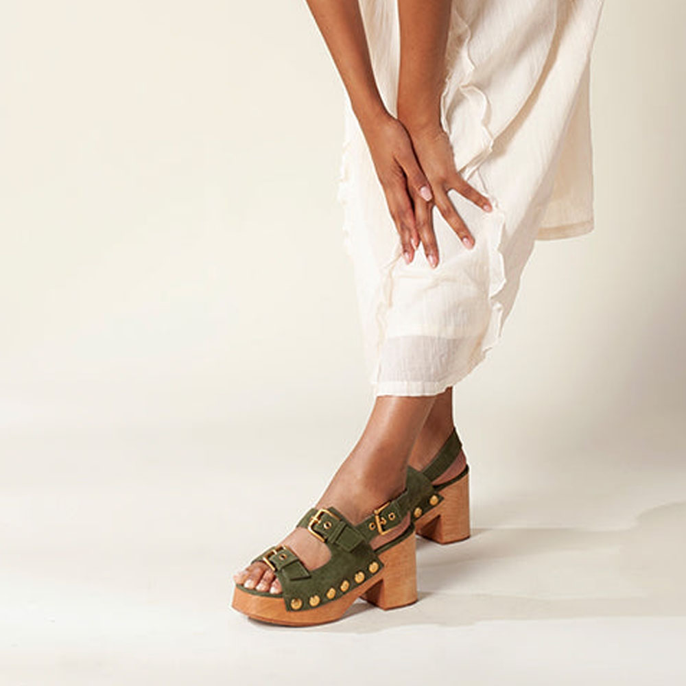 Green Faux Suede Metallic Buckled Strappy Studded Platform Sandals